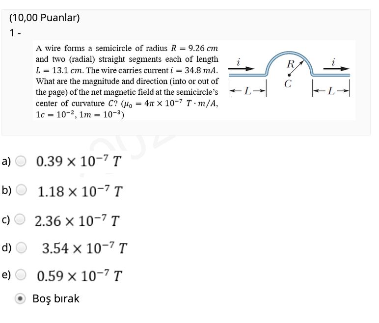 Solved A wire forms a semicircle of radius R=9.26 cm and two | Chegg.com