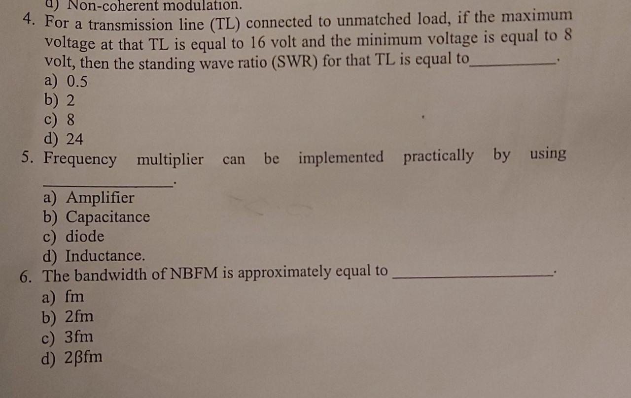 Solved a) Non-coherent modulation. 4. For a transmission | Chegg.com