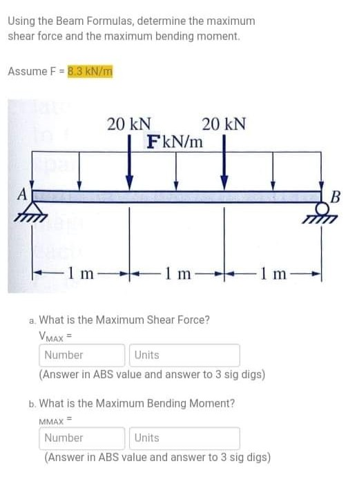 Solved Using the Beam Formulas, determine the maximum shear | Chegg.com
