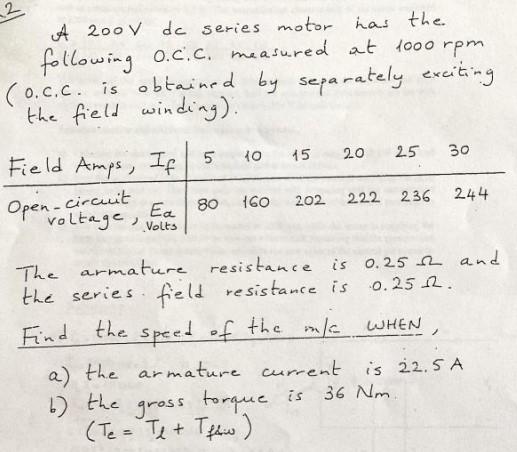 Solved A 200 Vdc series motor has the following O.C.C. | Chegg.com