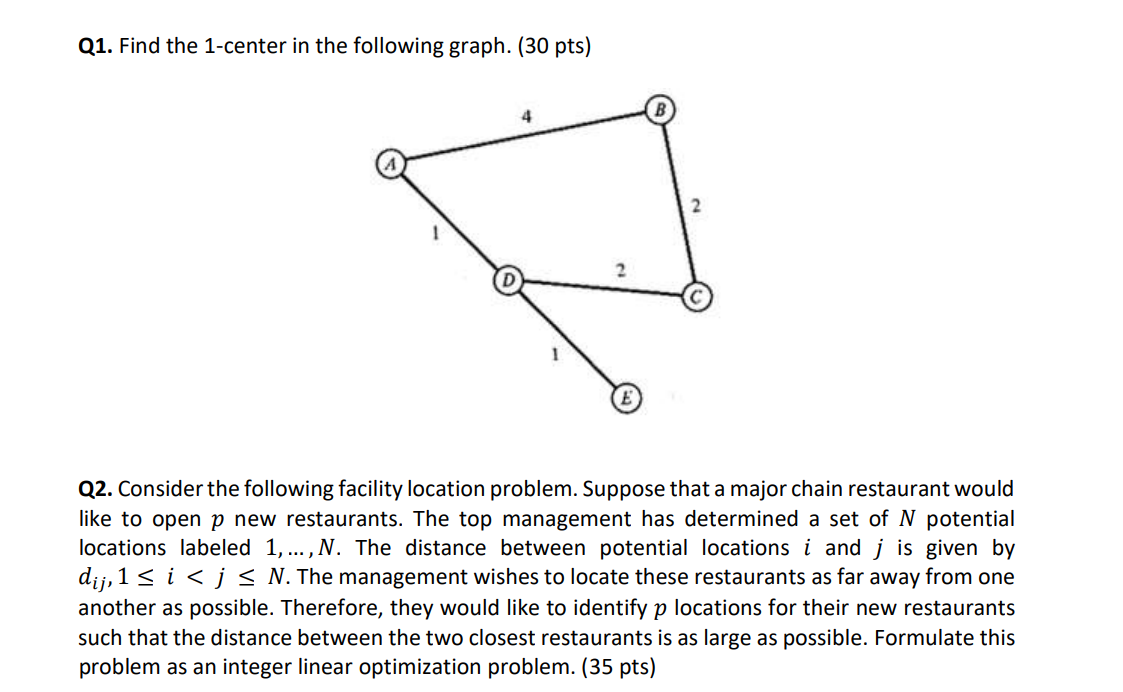 Solved Q1. Find the 1-center in the following graph. (30 | Chegg.com