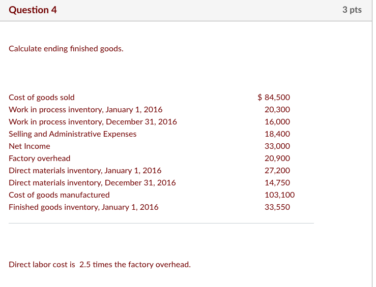 Solved Question 4 3 pts Calculate ending finished goods. | Chegg.com