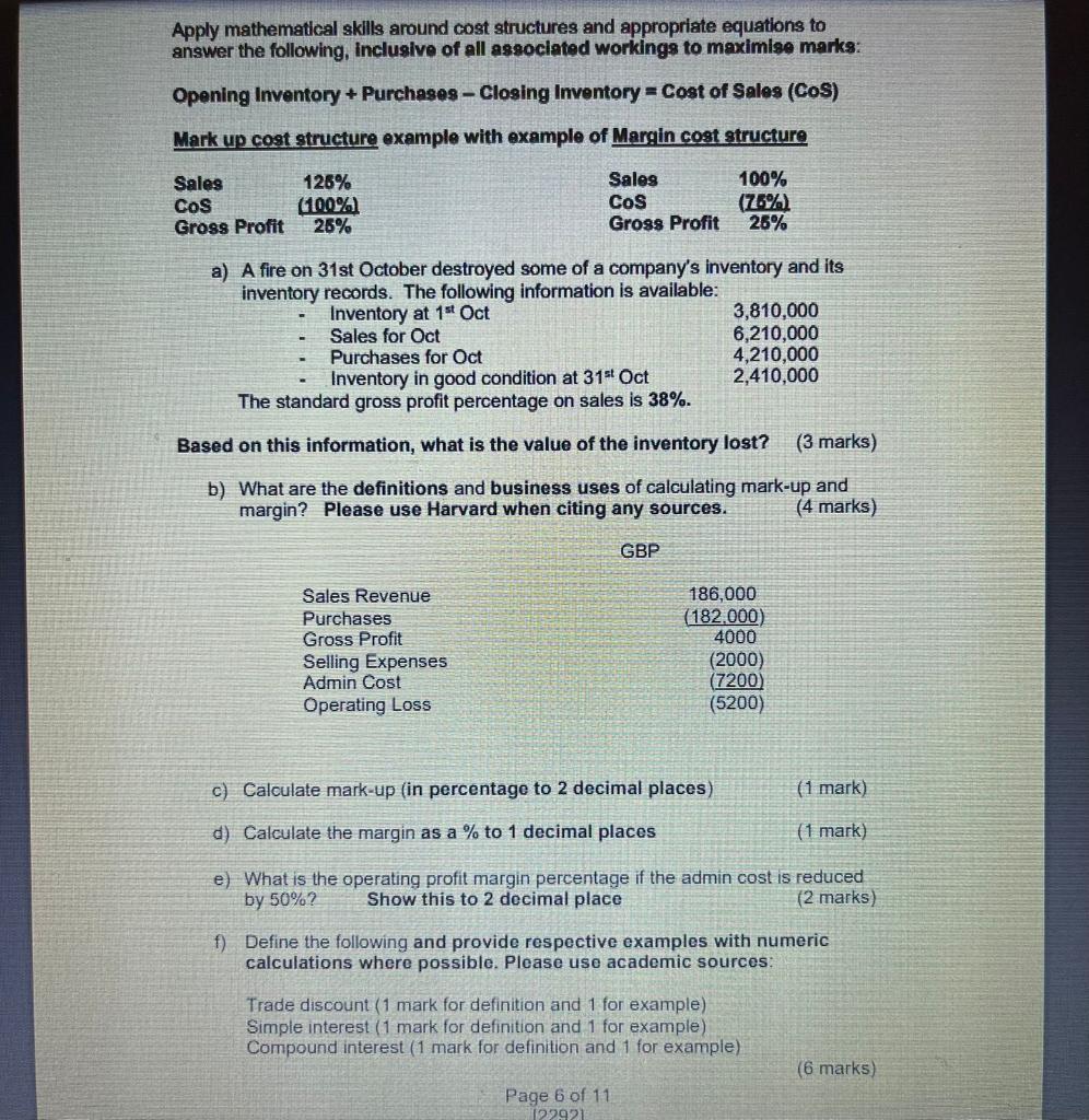 Solved Apply mathematical skills around cost structures and | Chegg.com