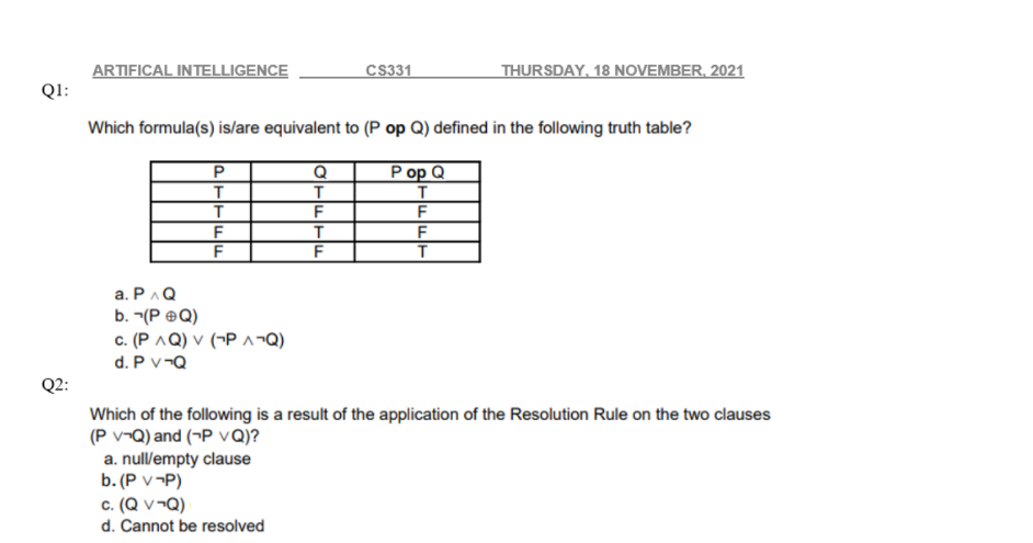 Solved ARTIFICAL INTELLIGENCE CS331 THURSDAY, 18 NOVEMBER, | Chegg.com