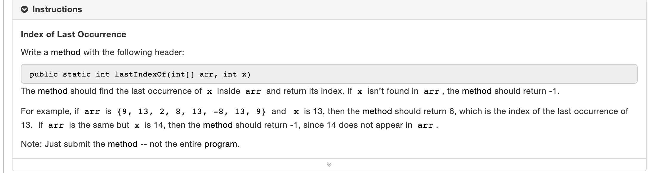 Solved Instructions Index of Last Occurrence Write a method | Chegg.com