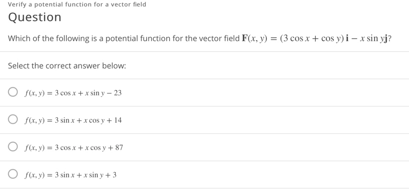 Solved Verify a potential function for a vector field | Chegg.com