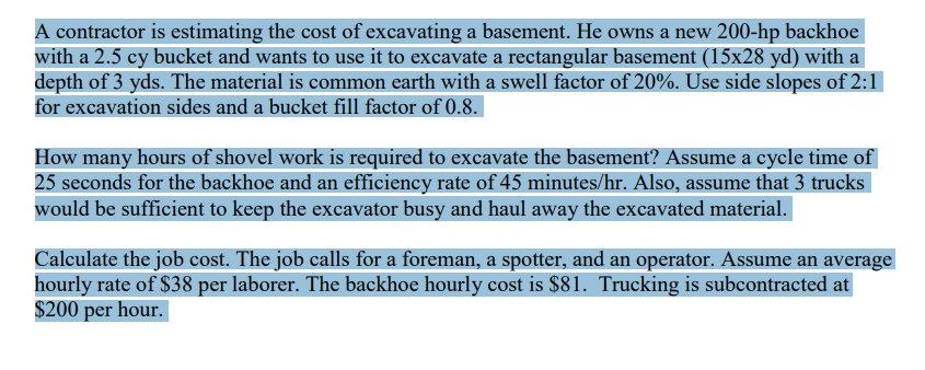 Solved A contractor is estimating the cost of excavating a | Chegg.com