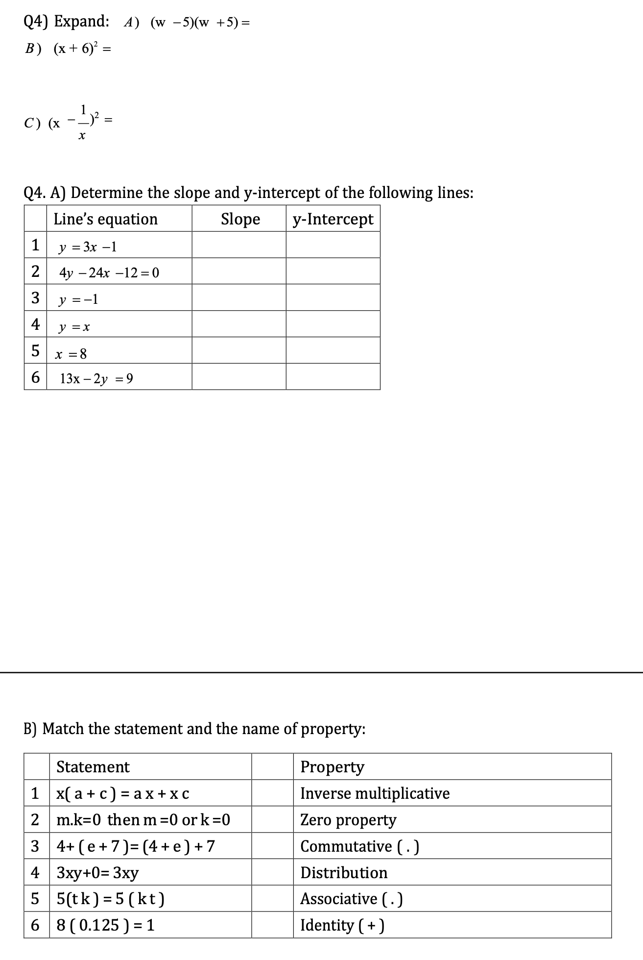 Solved Q4) ﻿Expand:A) (w-5)(w+5)=B) (x+6)2=C) (x-1x)2=Q4. | Chegg.com