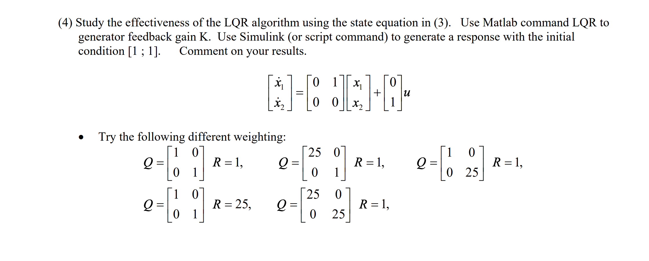 (4) Study the effectiveness of the LQR algorithm | Chegg.com