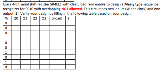 Solved Use a 4-bit serial shift register SR4CLE with clear, | Chegg.com