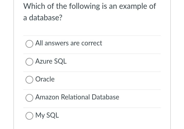 Solved Which of the following is an example ofa database?All | Chegg.com