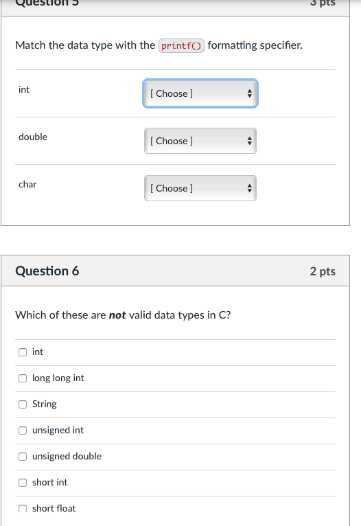 Solved Match the data type with the printf() formatting | Chegg.com