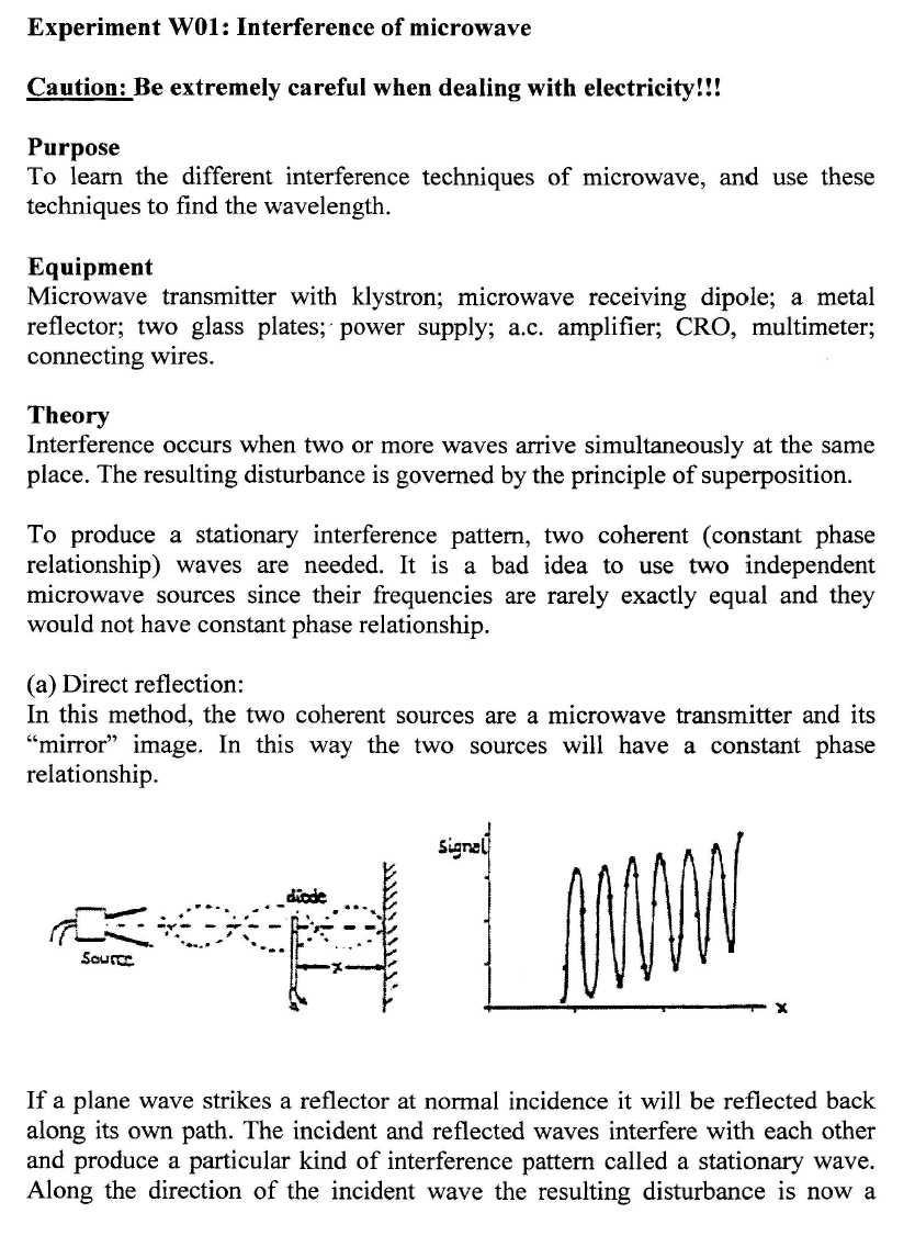 Experiment W01: Interference of microwave Caution: Be | Chegg.com