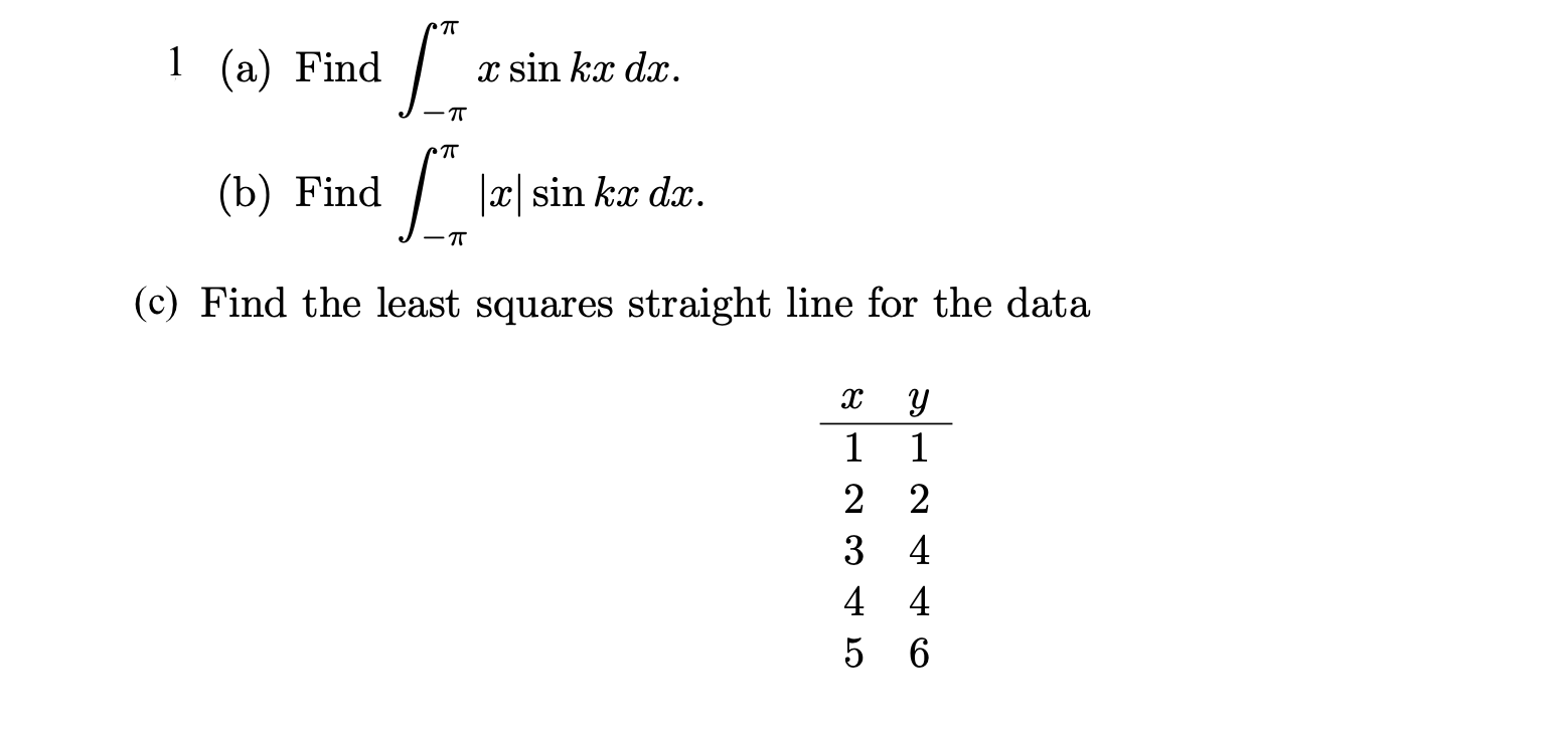 Solved 70 1 (a) Find x sin kx dx. -TT ſ | 1z| sin kæ de. (b) | Chegg.com
