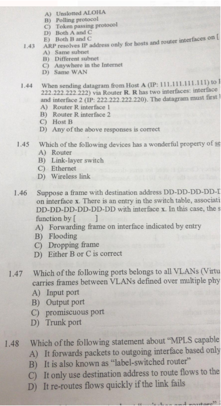 Solved 1.43 A) Unslotted ALOHA B) Polling protocol C) Token | Chegg.com
