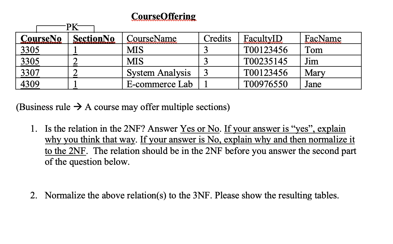 Solved CourseOffering PK CourseNo SectionNo CourseName 3305 | Chegg.com