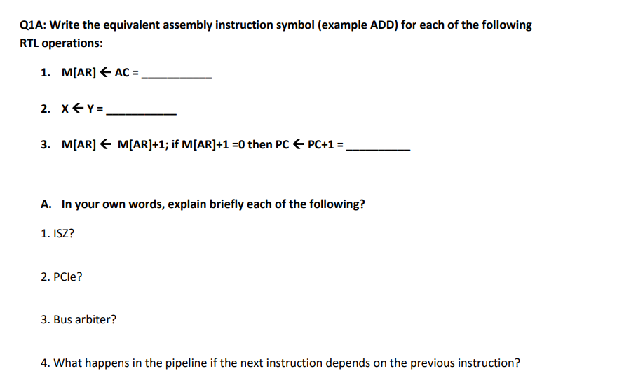 Solved Q1A: Write the equivalent assembly instruction symbol | Chegg.com