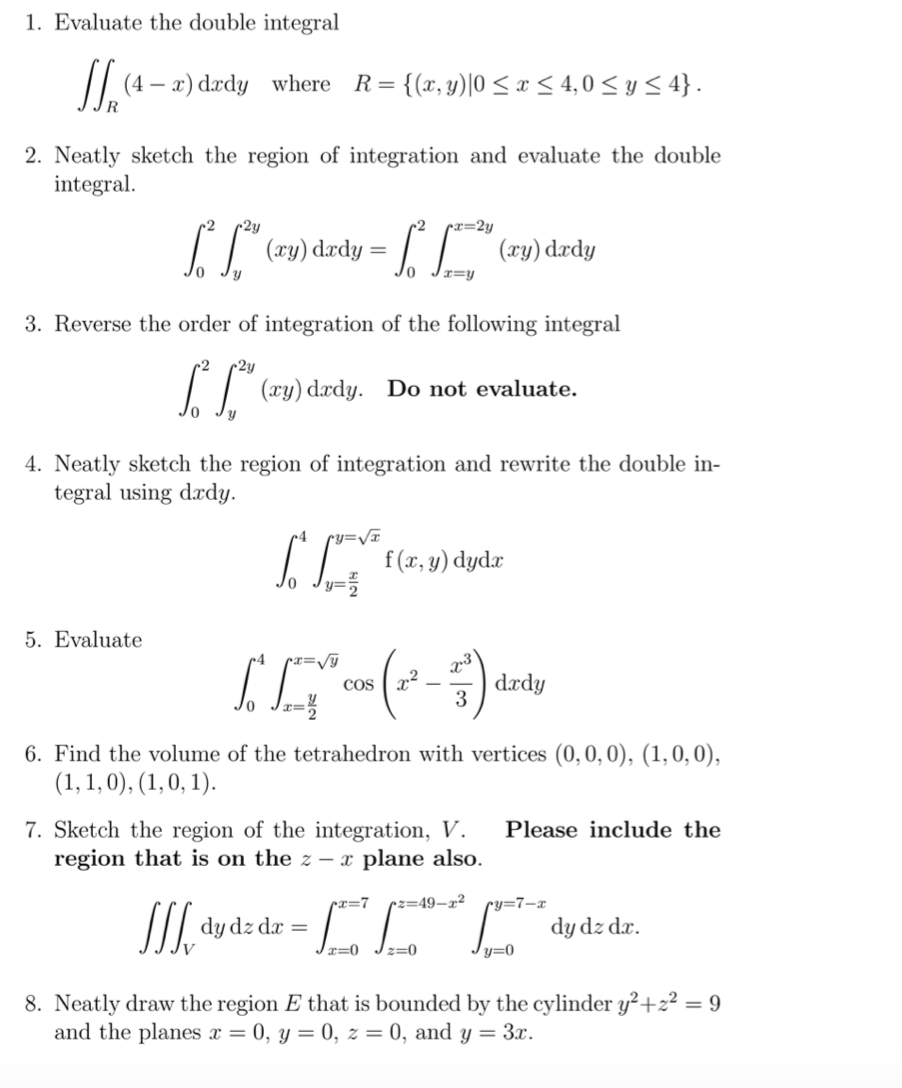 Solved 1. Evaluate the double integral || (4 – x) dxdy where | Chegg.com