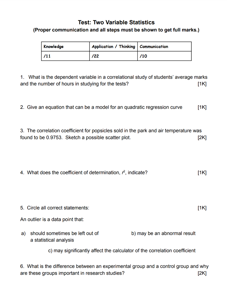 Solved Test: Two Variable Statistics (Proper communication | Chegg.com