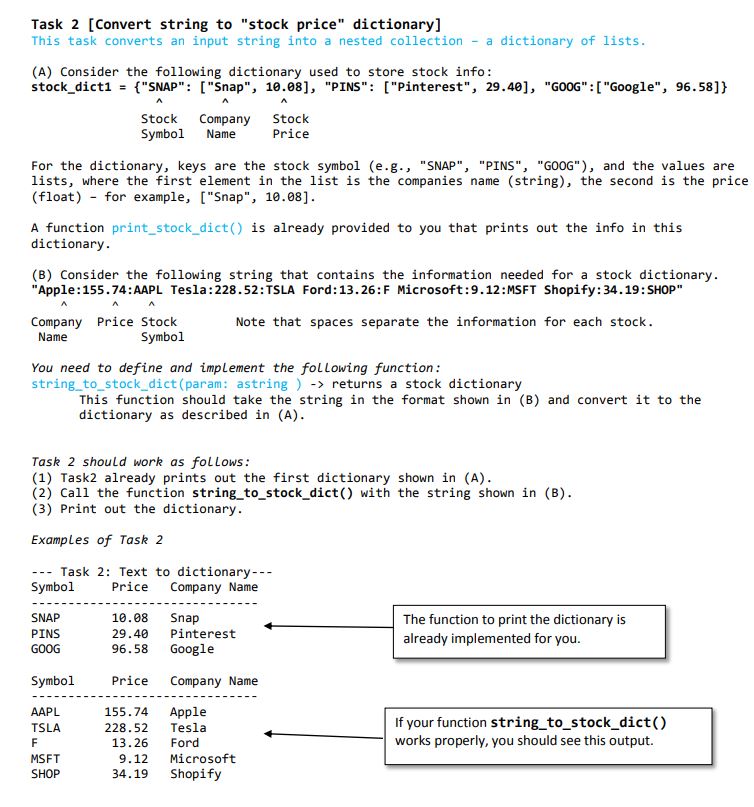 Solved Task 2 [Convert string to "stock price" dictionary] | Chegg.com