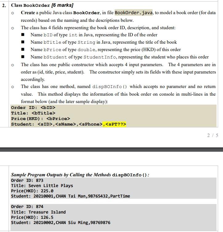Solved Class BookOrder [6 marks] - Create a public Java | Chegg.com