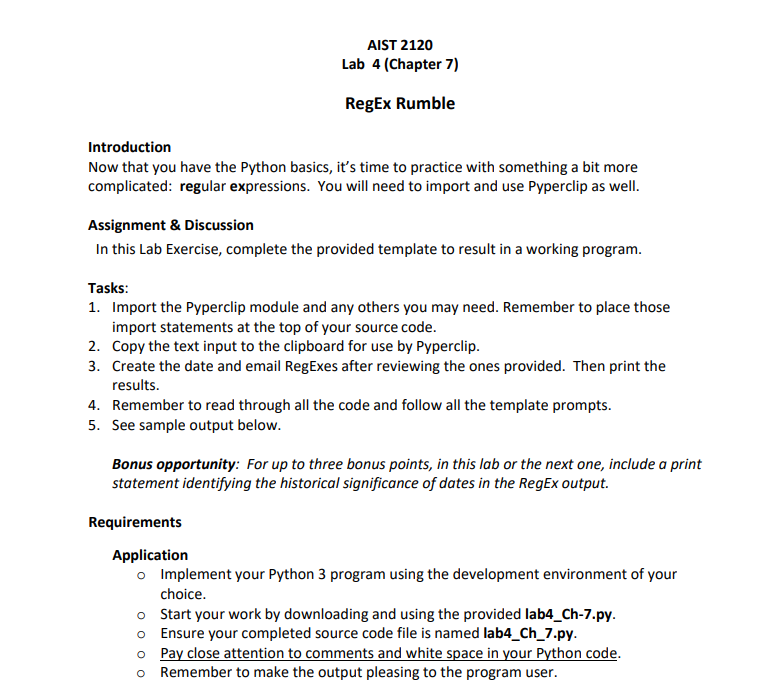 AIST 2120 Lab 4 (Chapter 7) RegEx Rumble Introduction | Chegg.com
