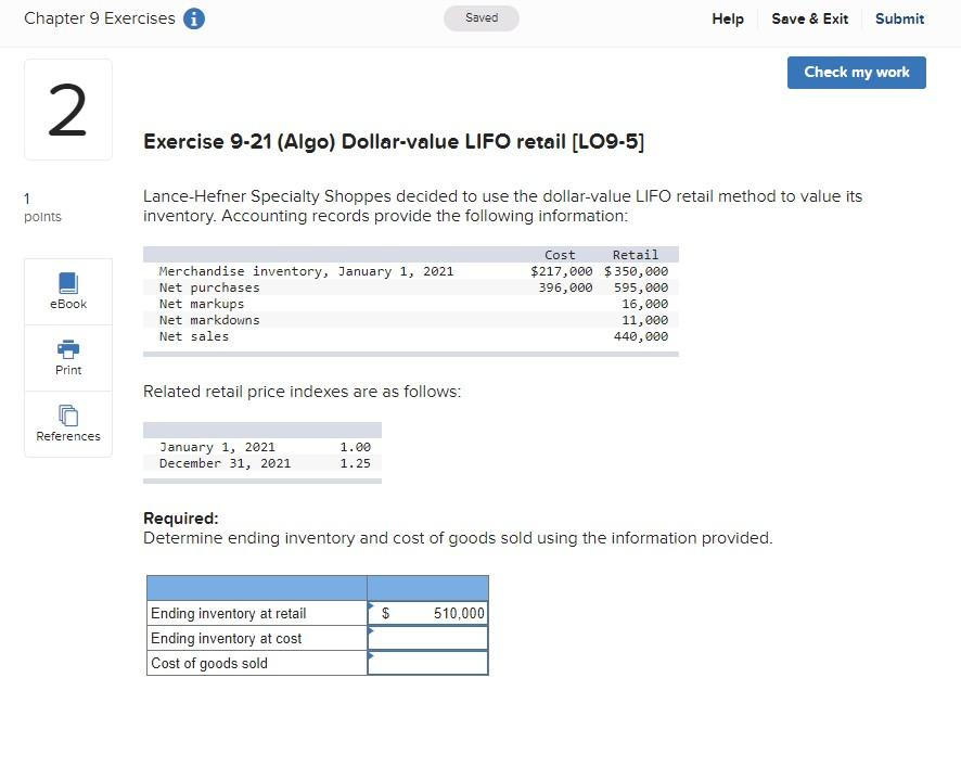 Solved Chapter 9 Exercises Saved Help Save & Exit Submit | Chegg.com
