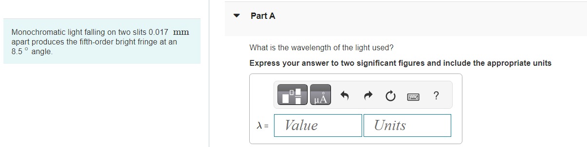 Monochromatic light falling on two slits 0.017 mm | Chegg.com