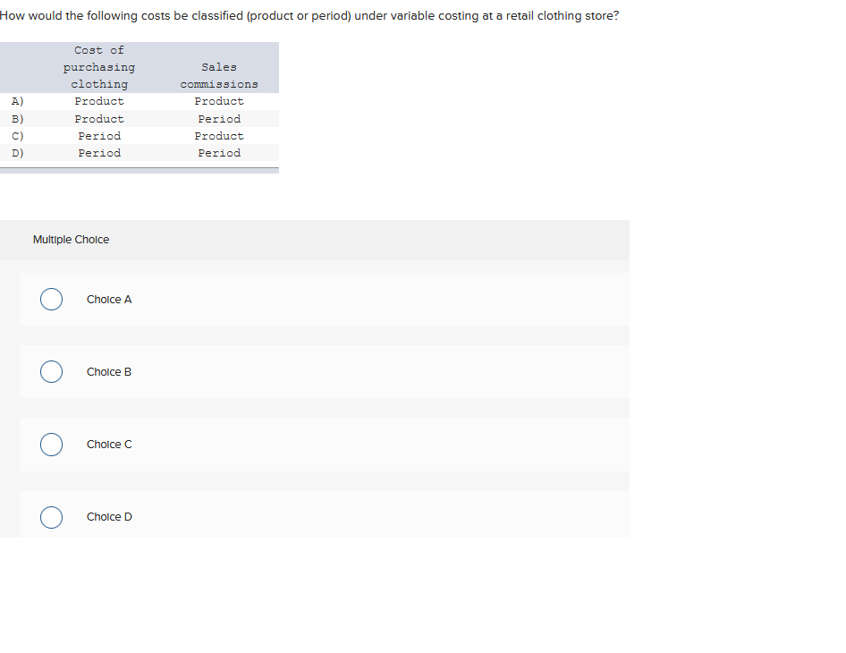 Solved How would the following costs be classified (product | Chegg.com