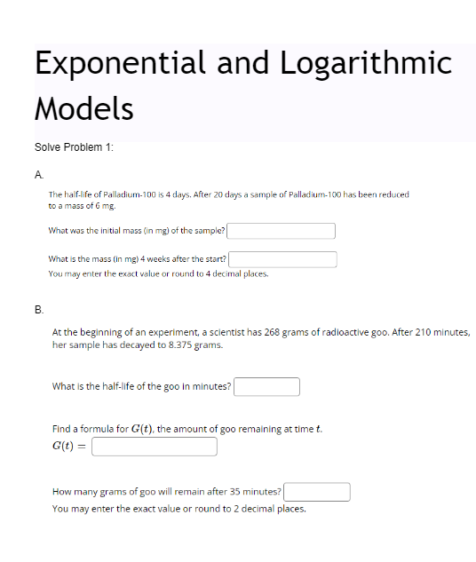 Solved Exponential and Logarithmic Models Solve Problem 1: | Chegg.com