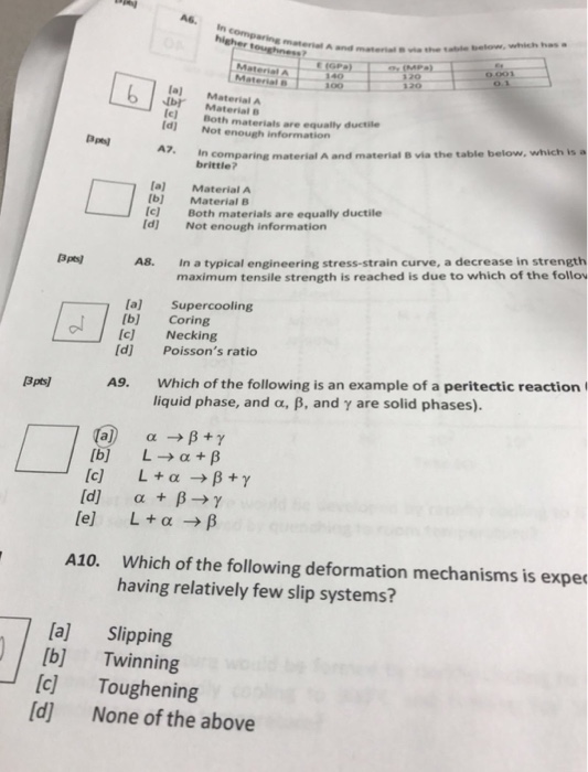 Solved In Comparing material A and material B via the table | Chegg.com