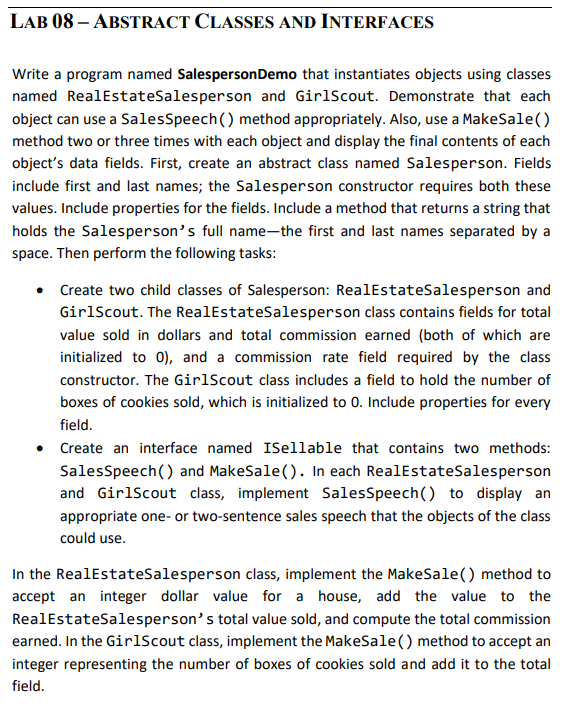 Solved LAB 08 - ABSTRACT CLASSES AND INTERFACES Write a | Chegg.com