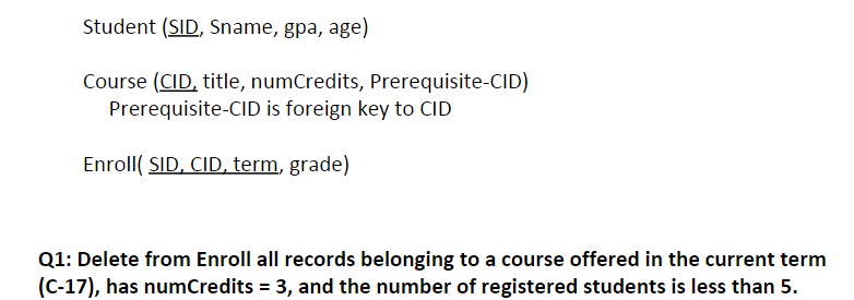 Solved Student (SID, Sname, gpa, age) Course (CID, title, | Chegg.com