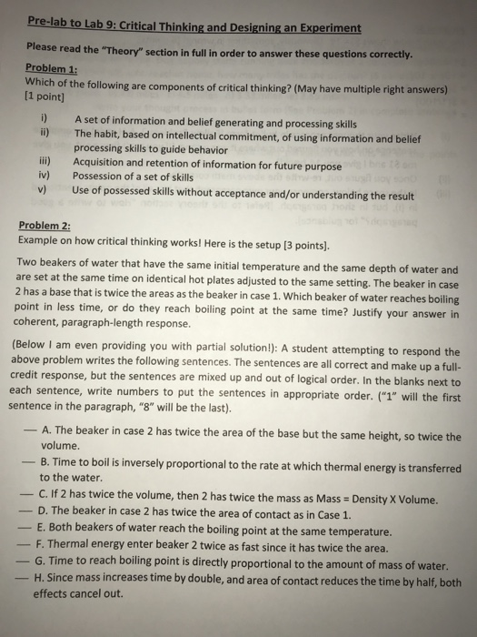 Solved Pre-lab to Lab 9: Critical Thinking and Designing an | Chegg.com