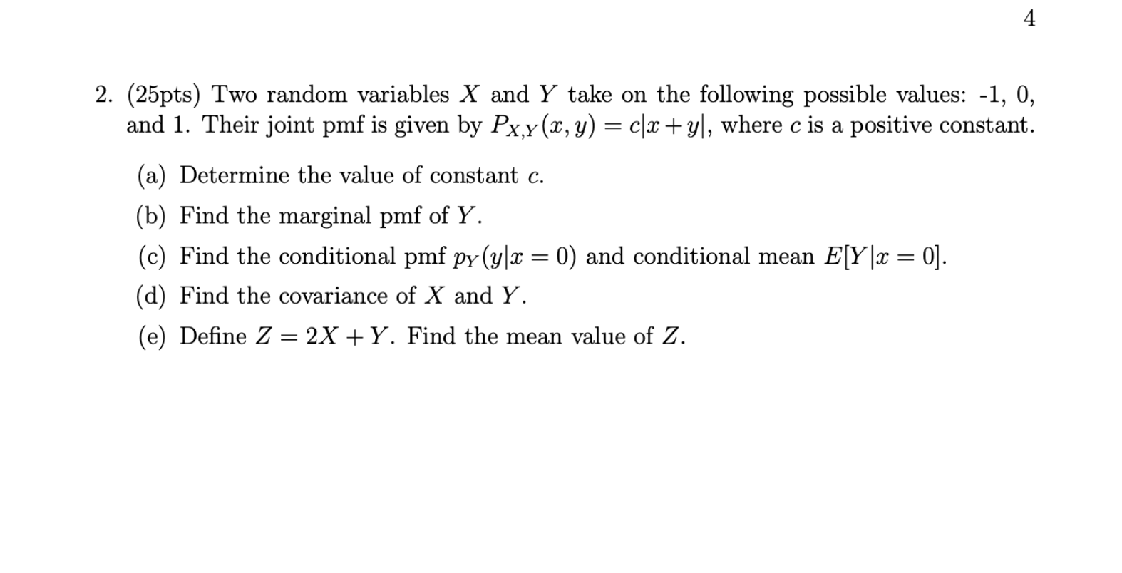 Solved 2. (25pts) Two random variables X and Y take on the | Chegg.com