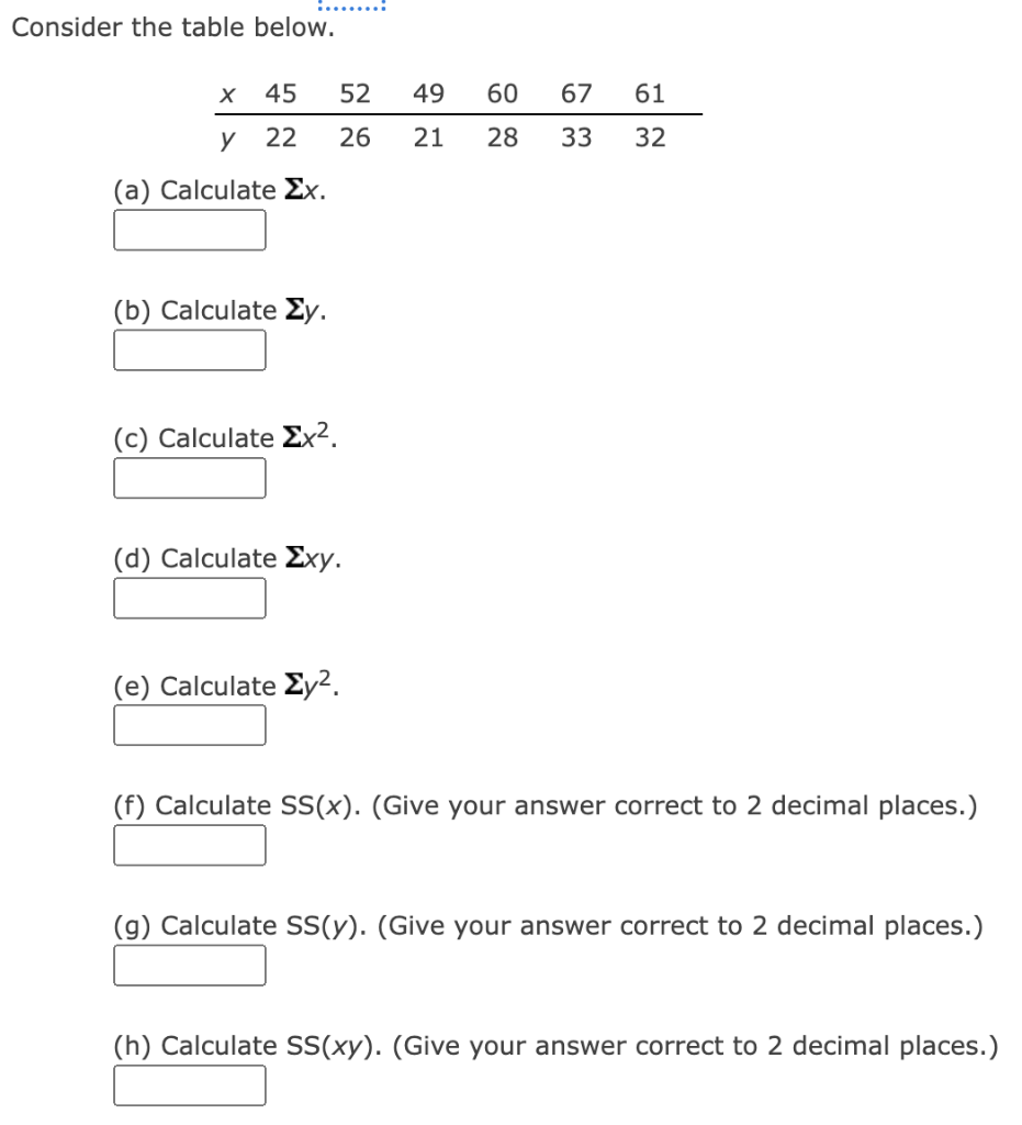 Solved Consider the table below. (a) Calculate Σx. (b) | Chegg.com
