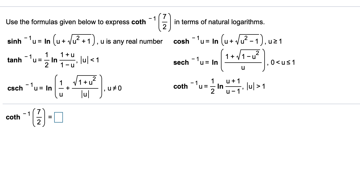 Solved -1 Use the formulas given below to express coth in | Chegg.com