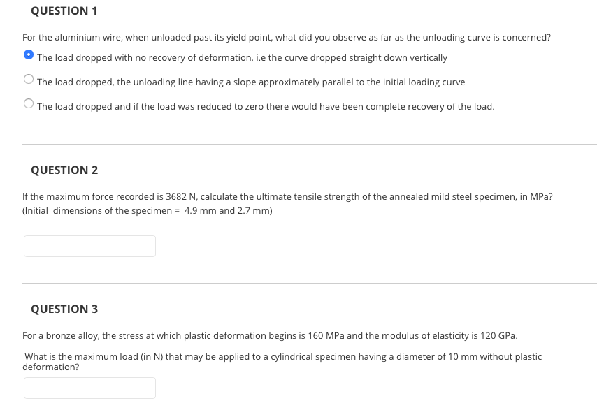 Solved QUESTION 1 For the aluminium wire, when unloaded past | Chegg.com