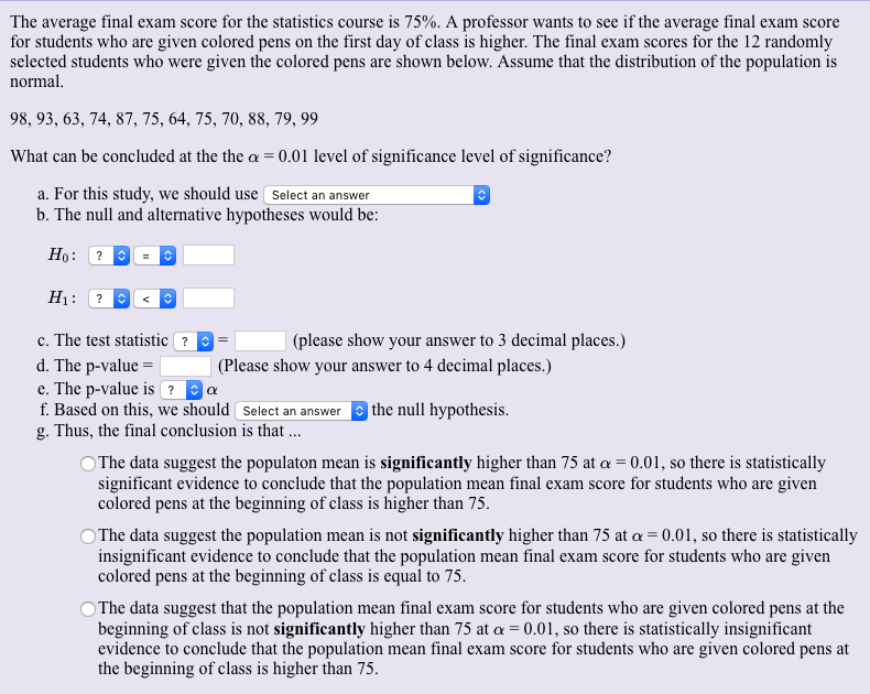 Solved The average final exam score for the statistics | Chegg.com
