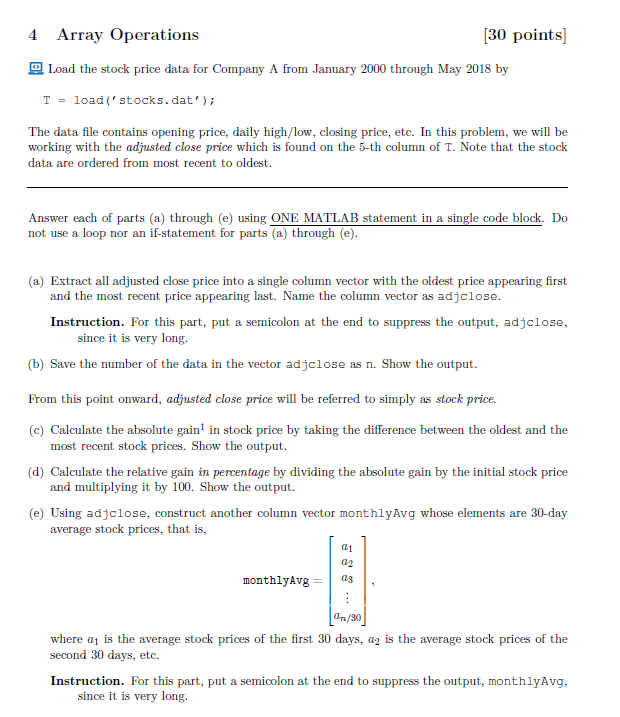 Solved 4 Array Operations [30 points] Load the stock price | Chegg.com