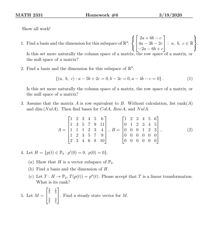 Solved Math 2331 Homework #6 3 19 2020 Show All Work! 2a + 