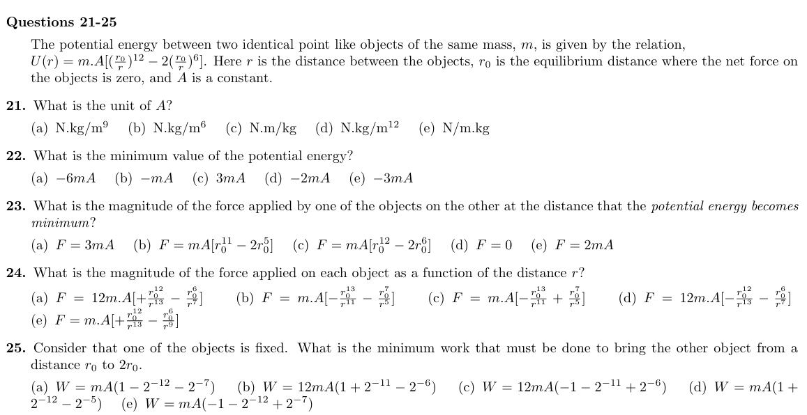 Solved Questions 21-25The potential energy between two | Chegg.com