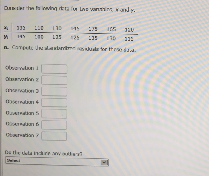 Solved Consider the following data for two variables, x and | Chegg.com