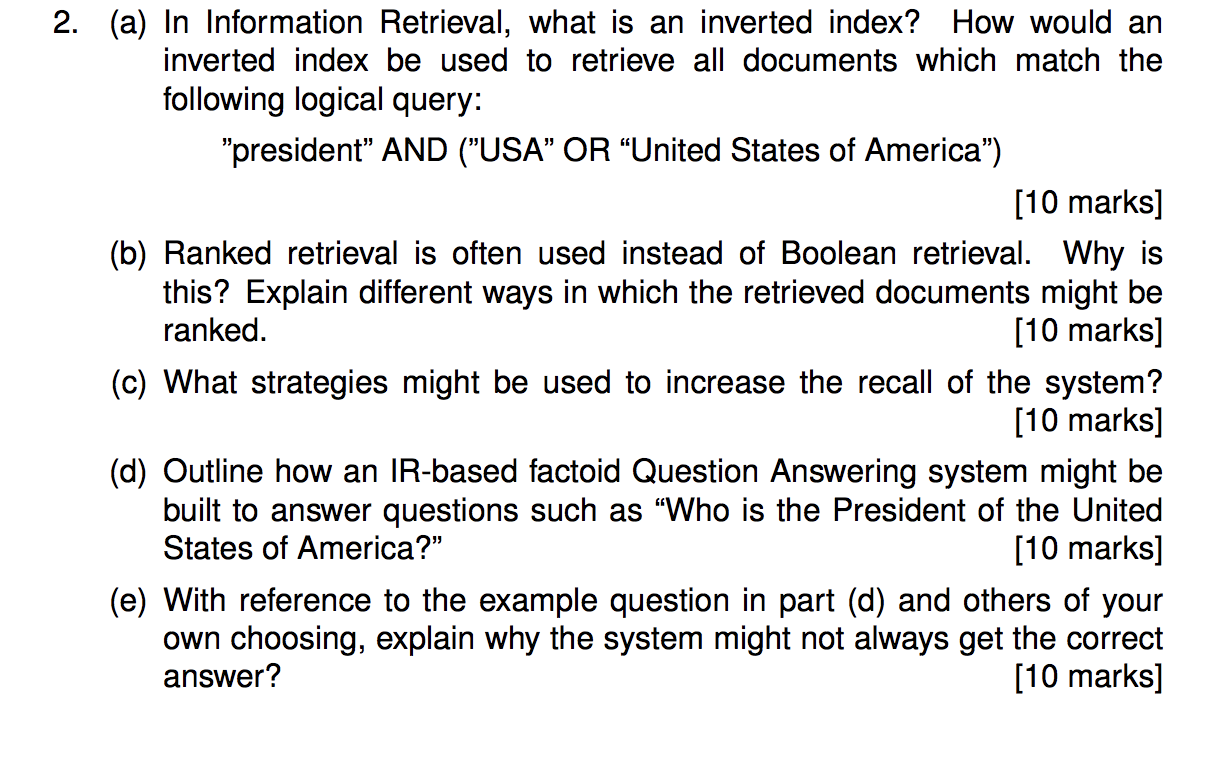 2. (a) In Information Retrieval, what is an inverted | Chegg.com