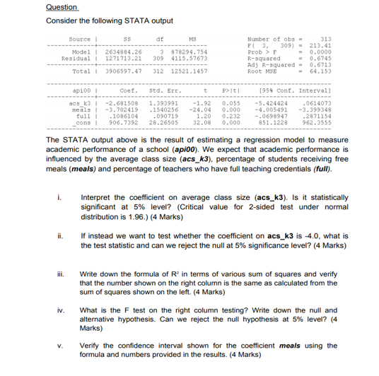 Solved Question Consider the following STATA output dt MS | Chegg.com