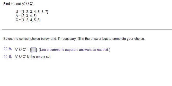 Solved Find the set A′∪C′. | Chegg.com