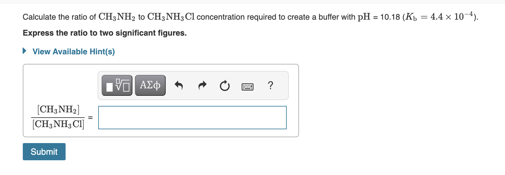 Solved Calculate the ratio of CH3NH2 to CH3NH3Cl | Chegg.com