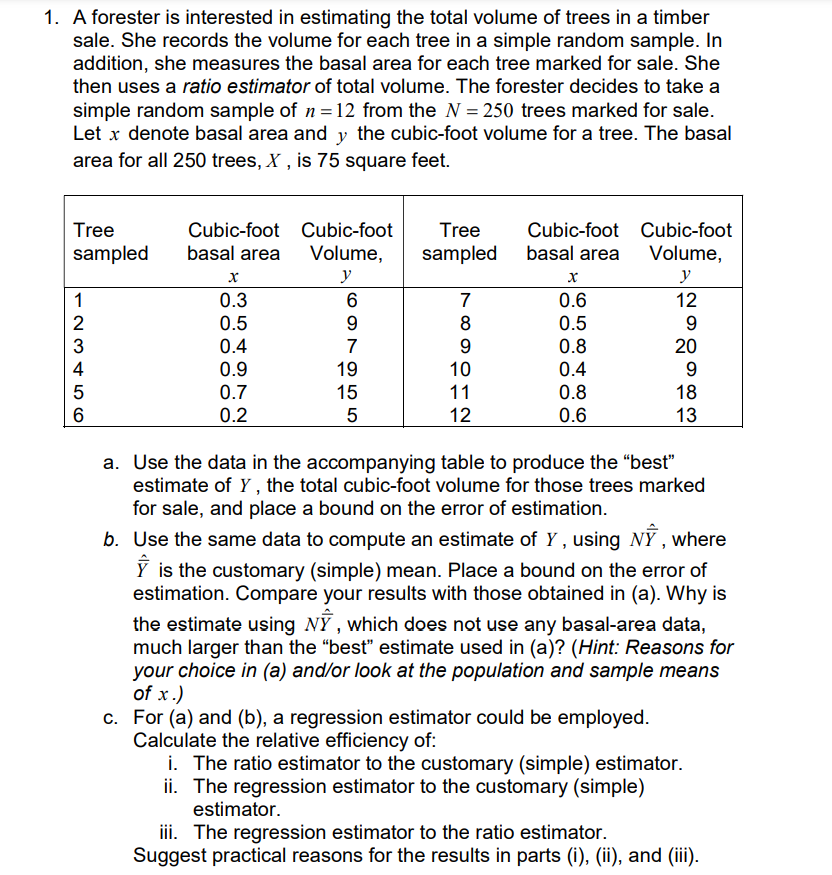 Solved 1. A forester is interested in estimating the total | Chegg.com
