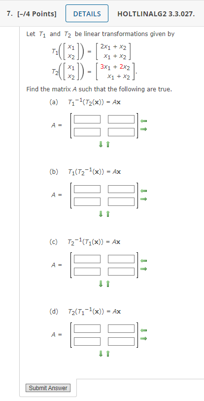 Solved Let T1 and T2 be linear transformations given by | Chegg.com
