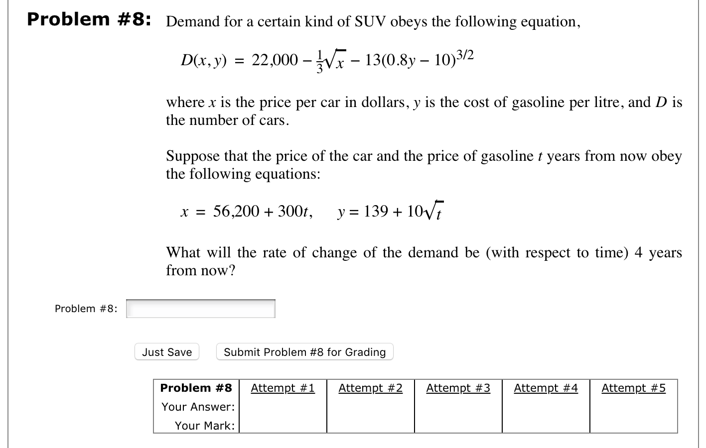 Solved Problem #8: Demand for a certain kind of SUV obeys | Chegg.com